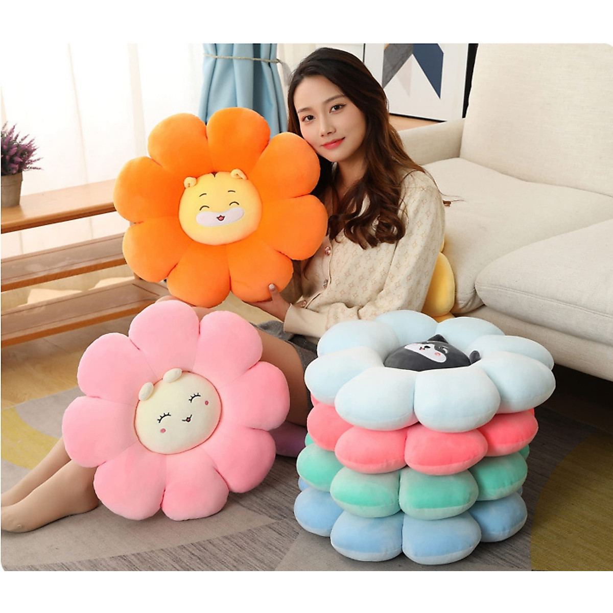 HXIYAN Flower Cushion Cartoon Animal Flower Waist Cushion Plush Floor Cushion Office Chair Cushion Home Decoration Throw Pillow (17.7in, Pink)