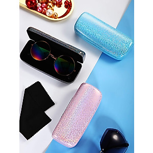 3 Pieces Hard Shell Sunglasses Case Dazzling Glitter Glasses Case Smooth Sunglasses Case with Eyeglass Cloth