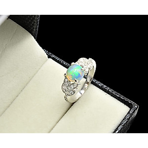 8 MM Natural Rainbow Fire Ethiopian Opal Cabochon Ring 925 Sterling Silver October Birthstone Solitaire Ring Opal Jewelry Birthday Gift For Wife (Sterling Silver, 11.5 US)