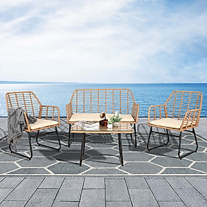 PAOLFOX 4 Piece Patio Conversation Sets,Wicker Patio Furniture Sets,Outdoor Patio Furniture,Outside Furniture,Backyard Furniture,Front Porch Furniture,Beige