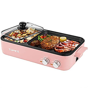 Topwit Electric Hot Pot with Grill, 2 in 1 Indoor Non-stick Hot Pot Electric with Grill for Steaks, Shabu Shabu, Noodles, Simmer and Fry, Korean BBQ Grill, Independent Dual Temperature Control, Pink
