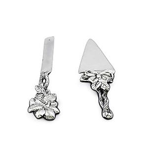 Arthur Court Designs Aluminum Magnolia Flower Cake Serving Knife and Pie Server Set Pair - Perfect for Spring Wedding Gift Knife 13 inch Server 11 inch Long