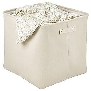 mDesign Soft Cotton Fabric Bathroom Storage Bin and Handles - Organizer for Towels, Toilet Paper Rolls - for Closets, Cabinets, Shelves - Textured Weave - Cream/Beige