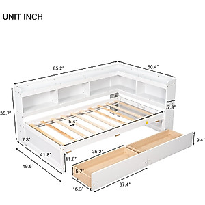 DEINPPA Twin Size Bookcase Bed, L Shape Captain Bed Frame with Storage Drawers, Wooden Platform Bed with Bookcase Headboard, Hug Bed Frame for Kids Teens Boys Girls-White