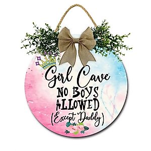 Girl Cave Sign, Girls Room Front Door Sign Baby Toddler Kids Bedroom Living Room Hanging Rustic Wood Farmhouse Nursery Toddler Room Decoration Girl Cave Round Door Hanging Sign 11"