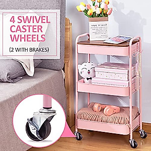 TOOLF 3-Tier Rolling Cart, Metal Utility Cart with Detachable Tray Top, Storage Craft Art Cart Trolley Organizer Serving Cart Easy Assembly for Office, Bathroom, Kitchen, Kids' Room, Classroom