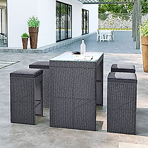 5-Piece Rattan Outdoor Patio Furniture Set Bar Dining Table Set with 4 Stools, Gray Cushion+Gray Wicker
