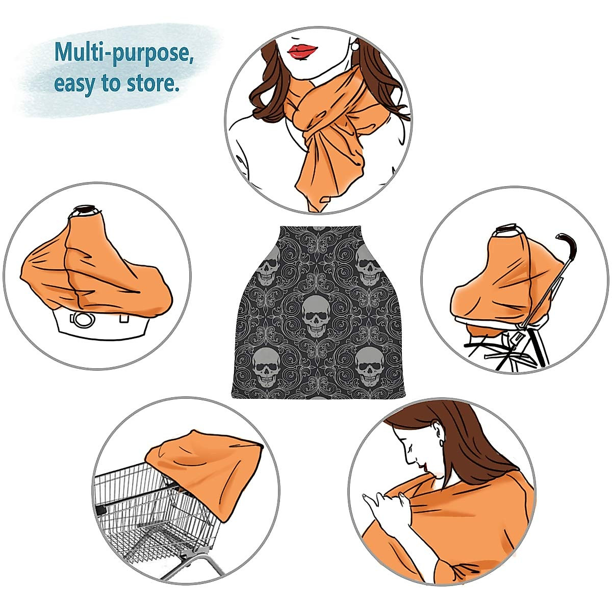 Nursing Cover Breastfeeding Scarf Skull Pattern- Baby Car Seat Covers, Stroller Cover, Carseat Canopy (m)