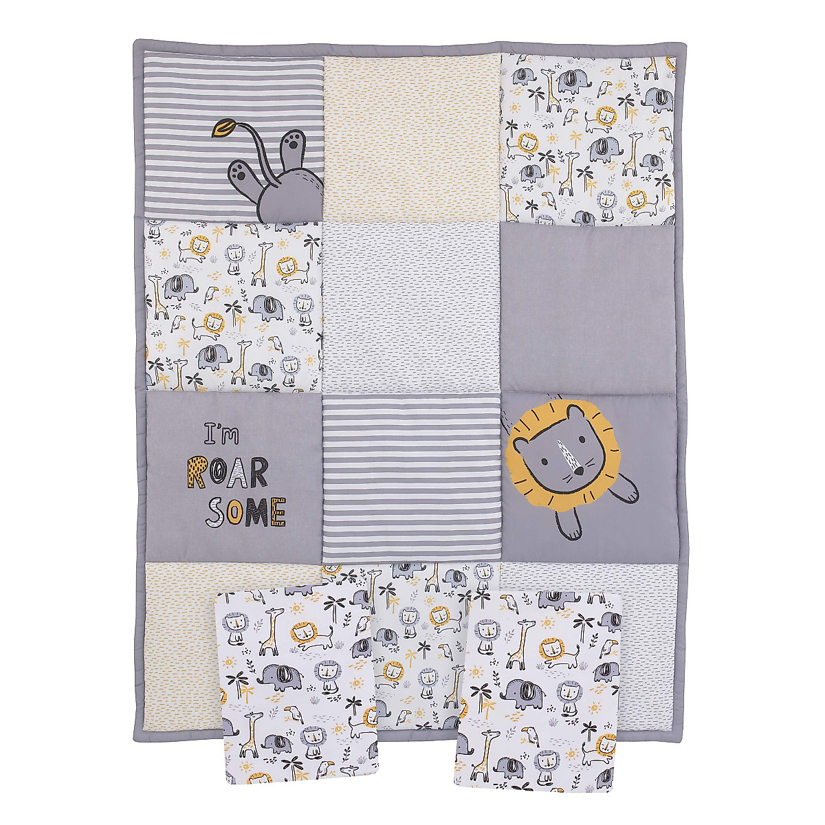 Little Love By Nojo Roarsome Lion, Grey, Yellow, White 3Piece Nursery Mini Crib Bedding Set With Comforter, 2 Fitted Mini Crib Sheets, Yellow, Grey, White, Charcoal