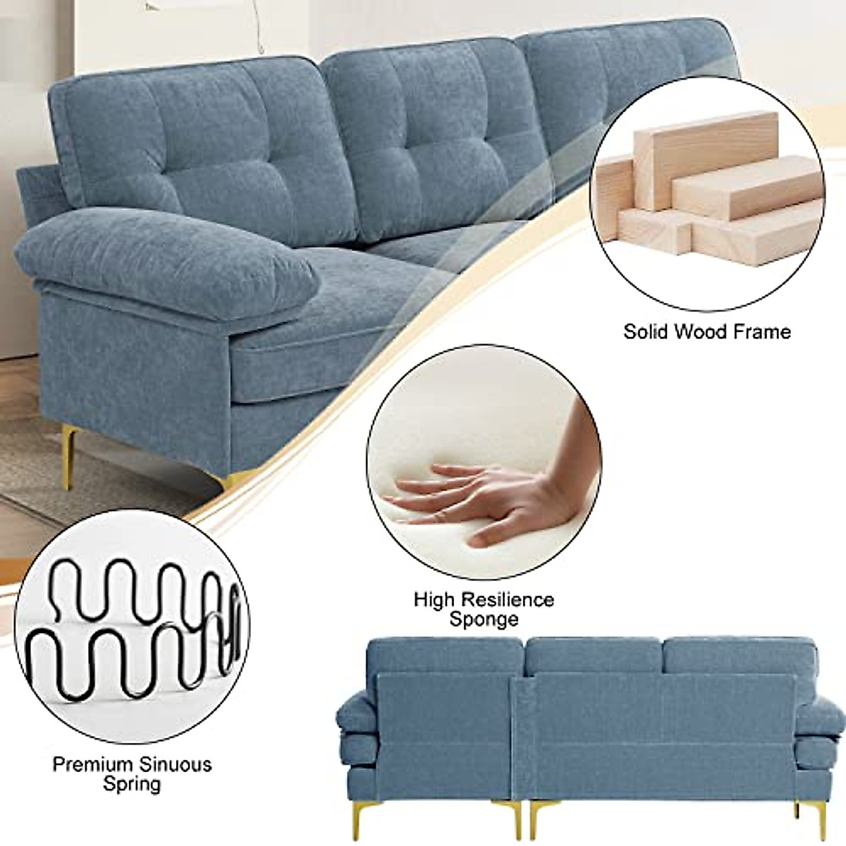 RYONGII 82.7" Convertible Sectional Sofa Chenille L Shaped Retro Couch with Chaise Reversible 4-Seat Sofa Sectional Couch Sets for Apartment, Machine Washable Cover,Easy to Assemble, Light Blue