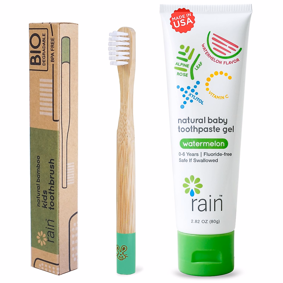 Rain Natural Bamboo Kids Toothbrush Set Fluoride-Free Baby Toothpaste Safe to Swallow with Vitamin C for 6 to 12 Months Up Infant Toddler Toothbrush BPA-Free Biodegradable (1 Toothbrush 1 Toothpaste)