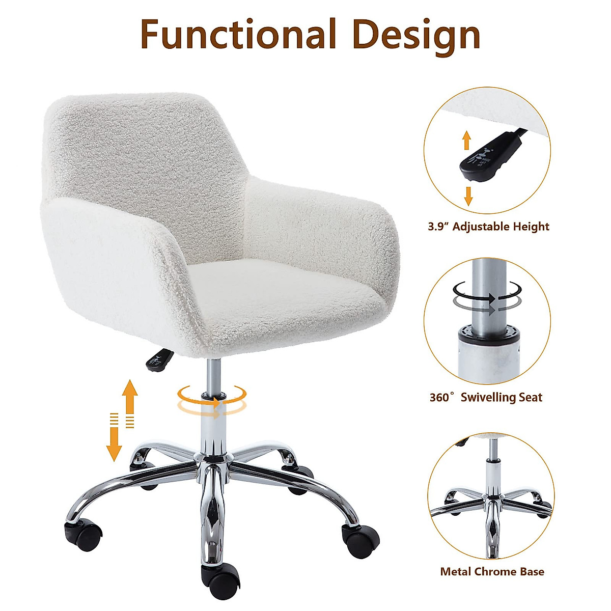 Henf White Vanity Chair Desk Chair Small Home Office Makeup Adjustable Swivel Chair Cute Chair Shell Shaped with Metal Legs for Bedroom Makeup Living Room