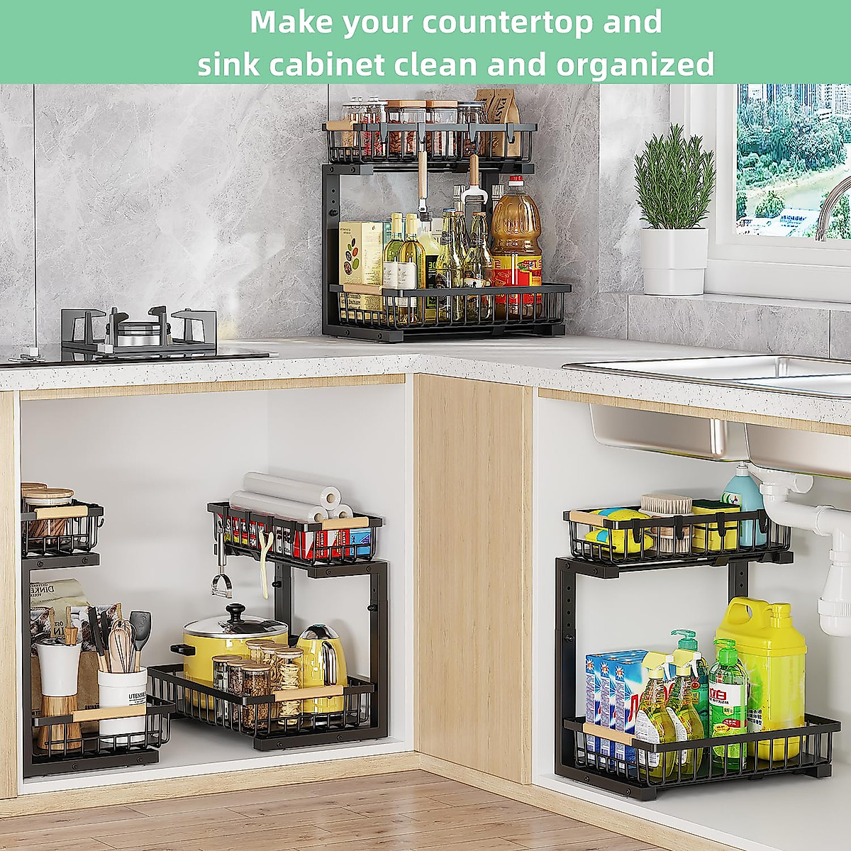 2 Pack Under Sink Organizer, Height Adjustable Pull out Cabinet Organizer, 2 Tier Metal Under Sink Organizer Storage, Sliding Storage Drawer for Kitchen Bathroom Laundry Room Pantry.