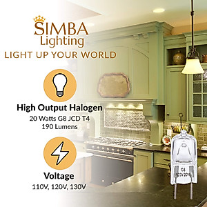Simba Lighting Halogen Light Bulb G8 T4 20W JCD Bi-Pin (10 Pack) Shorter 1-3/8" (1.38") Length for Under Cabinet Puck Lights, Kitchen Hood, Landscape Lights, Desk Lamps 120V Dimmable, 2700K Warm White
