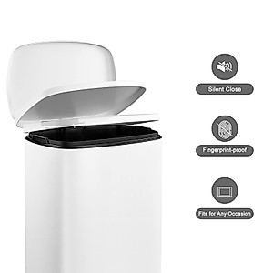 FINETONES Trash Can, Stainless Steel Garbage Can with Silent Lid, Durable Pedal & Inner Bucket, Pedal Garbage Bin for Kitchen Inside Outside (50L, White)