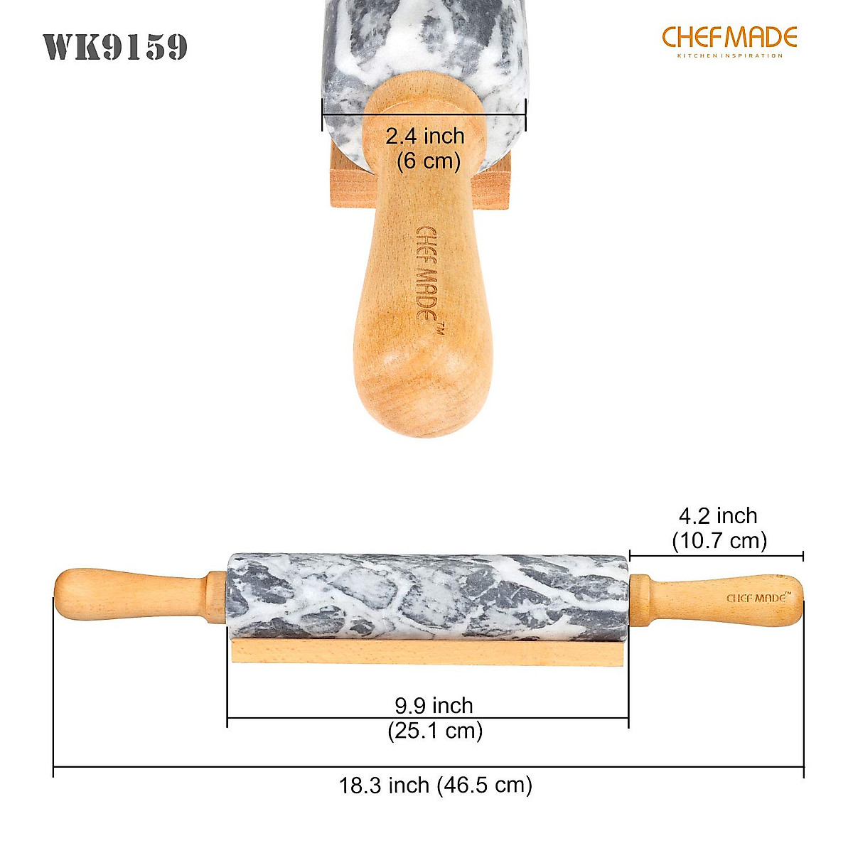 CHEFMADE 18-Inch Marble Rolling Pin with Wooden Handles and Cradle, Non-Stick (Gray and White)