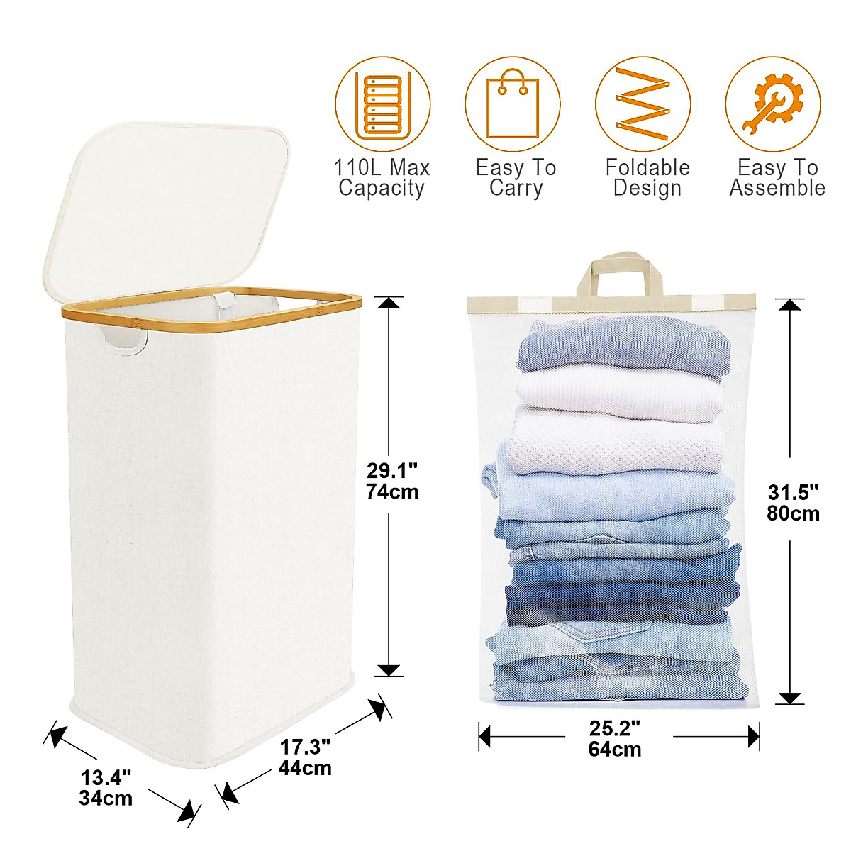 RICOJYCX 110L Collapsible Laundry Baskets with Lid, Laundry Hamper with Handle and Lid, Large Foldable Clothes Hamper with Removable Inner Bag for Clothes Toys Towels (Off White)