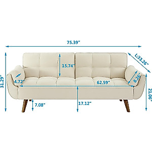 Modern Convertible Tufted Futon Sofa Bed Split Adjustable Backrest Loveseat Sofabed W/Removable Padded Armrests and Wood Legs for Living Space/Guest Room