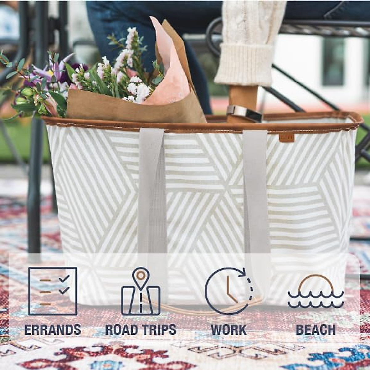 CleverMade Collapsible LUXE Tote, Geometric Taupe - 30L (8 Gal) Structured Tote Bag with Handles and Reinforced Bottom - Reusable Grocery Bag, Shopping Bag, Utility Tote Bag