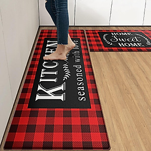 Arttown Anti-Fatigue Kitchen Rug Set of 2 Black Red Buffalo Plaid Cushioned Floor Mat, Standing Waterproof Non-Slip Mat and PVC Ergonomic Comfort Foam Rug for Kitchen