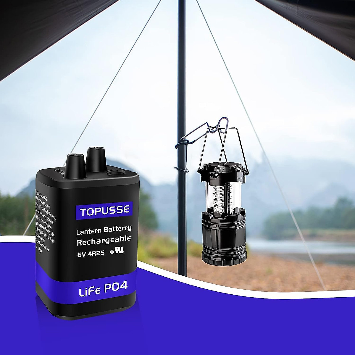 TOPUSSE Rechargeable 6 Volt 4.5AH LiFePO4 Lantern Battery with Charger 1500+ Cycles, 6V Batteries Battery with BMS (Spring Terminals) 2 Pack