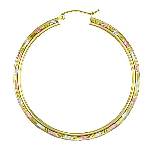 14k REAL Tri Color Gold 3mm Thickness Hinged Diamond Cut Hoop Earrings (45 x 45 mm)