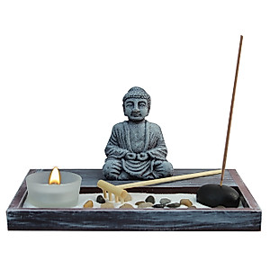 Zen Garden Deluxe Desk Meditation Garden Grey Buddha Statue with Rocks, Tea Light Holder, Rake, Incense and Incense Holder, Sand and Base - Peace & Tranquility (Candle Not Included)