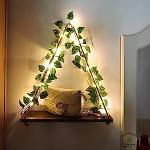 Artificial Ivy LED-Strip Wall Hanging Shelves Set of 2, Hanging Plant Shelf, Macrame Wall Hanging Shelf, Wood Hanging Plant Shelves for Bedroom Bathroom Living Room Kitchen for Wall Decoration