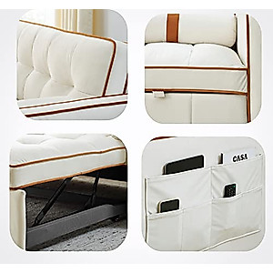 LKTART Modern 55.5'' Pull Out Sleeper Sofa Bed Loveseats Velvet Couch Adjustable Backrest Lumbar Pillows Side Pockets Living Room Apartment Beige