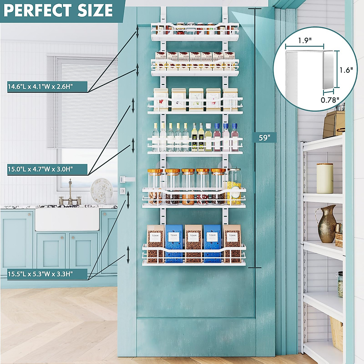 Eastherry Over The Door Pantry Organizer，6-Tier Over The Door Organizer with Adjustable Basket，Metal Hanging Pantry Organizers and Storage for Kitchen, Back of Door Seasoning Rack (White)