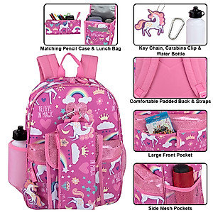 Trail maker Girls 6 in 1 Backpack and Lunch Box Set for School with Pencil Case, Water Bottle, Fidget Keychain Attached for Kids (Magic & Unicorns)