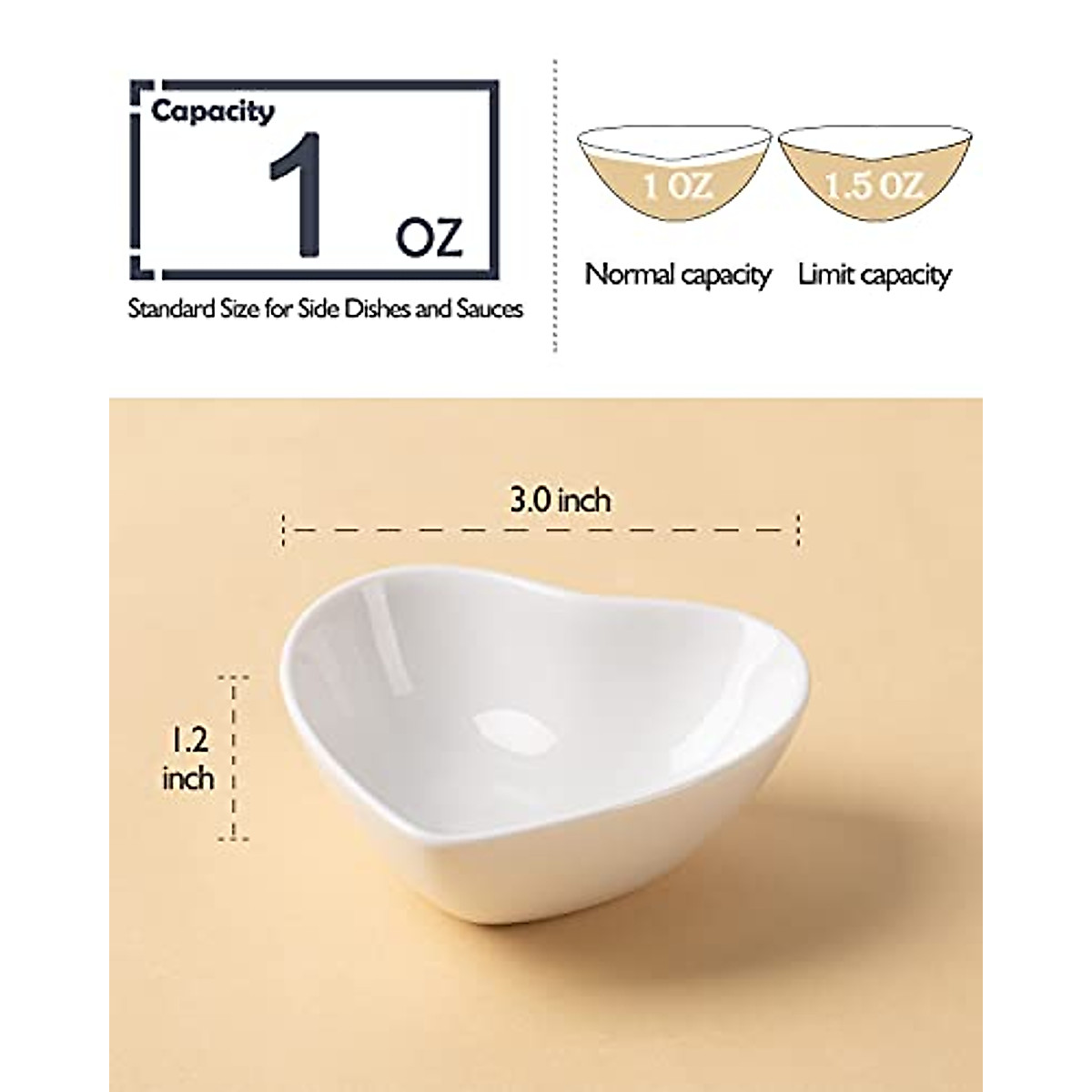 DELLING 12 Pack Soy Sauce Dishes/Bowls, Heart Shaped Dip Bowls Set, Sauce Cups/Ceramic Dipping Bowls, Mini Serving Bowls for Side Dishes, Soy Sauce, Ketchup, Sushi, BBQ and Party Dinner- White, 1Oz