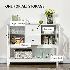 HOMCOM Coffee Bar Cabinet, Sideboard Buffet Cabinet, Kitchen Cabinet with Storage Drawers and Glass Door for Living Room, Entryway, White