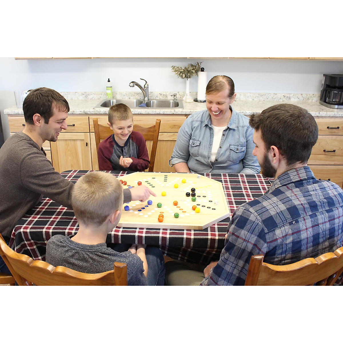 AmishToyBox.com Large Wahoo Marble Game Board Set - 25" Wide - Maple Wood - Double-Sided - with Large 1" Marbles and Dice Included