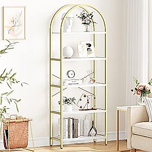 IDEALHOUSE Bookshelf 5 Tier Bookcase Arched Display Racks Tall Standing Bookshelves Metal Frame Modern Storage Rack Shelf Large Wood Book Shelf for Bedroom, Living Room, Home Office, White/Gold