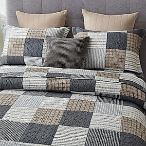 Finlonte King Quilt Bedding Set - 100% Cotton King Size Comforter, Plaid Quilted Bedspread Farmhouse Country Bed Spread, Lightweight Reversible King Quilt Sets All-Season, Gray/Brown/Black/White, 3Pcs
