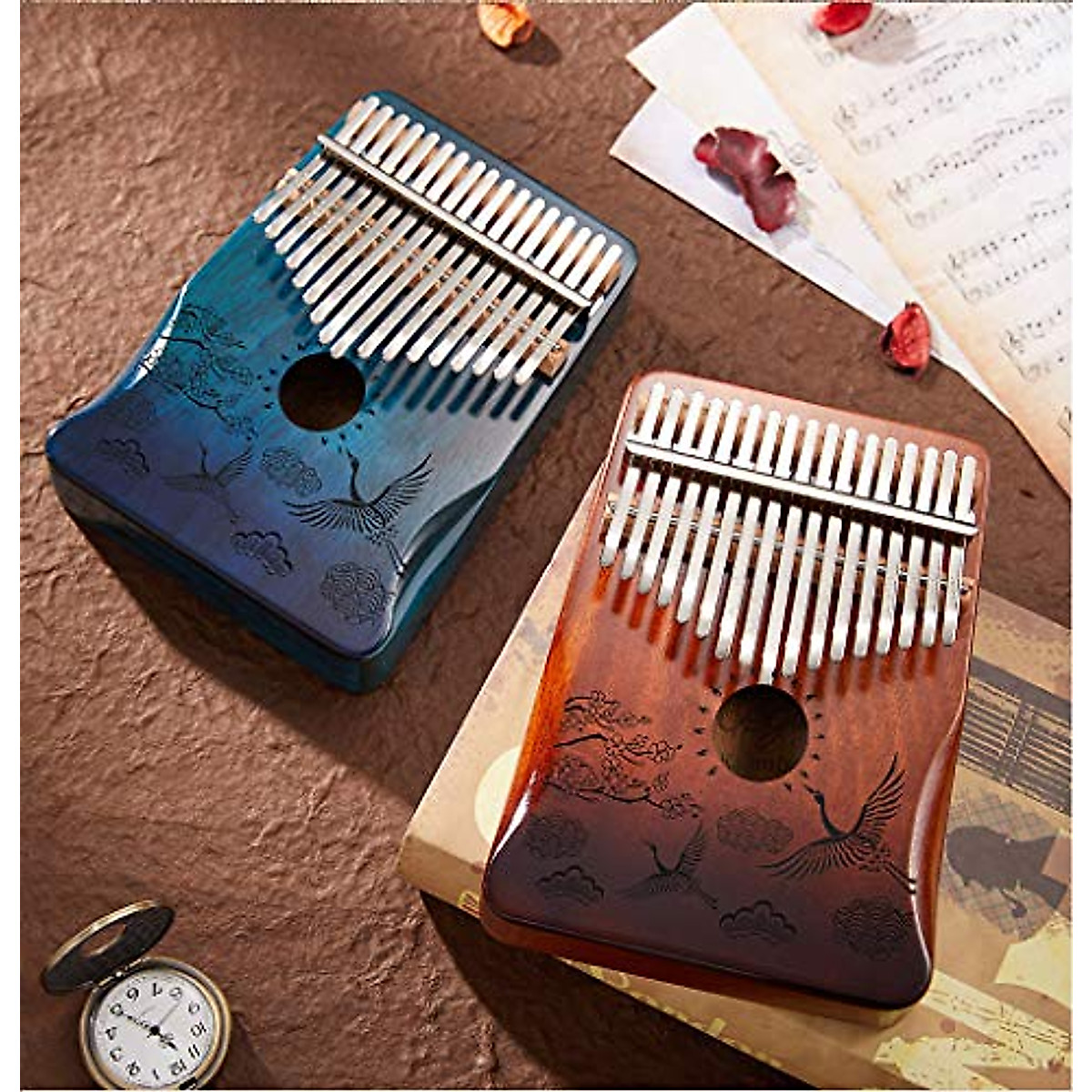 17 Keys Kalimba Mahogany/Acacia Thumb Piano Mbira African Musical Instrument Finger Piano Gifts for Kids and Adults Beginners Teclado Instrumento (Crane, Gradient Brown)
