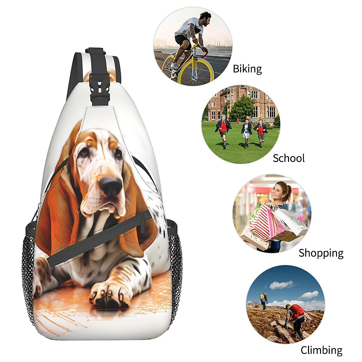 Hicyyu Basset Hound Dog Outdoor Crossbody Shoulder Bag For Unisex Young Adult Hiking Sling Backpack