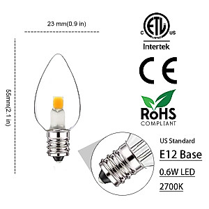 Jslinter 12-Pack C7 LED Night Light Bulb, Candelabra Light Bulbs E12 Base, 0.6 Watt Equivalent 7W Incandescent, 2700K Clear Warm White, Window Candles, Chandeliers, String Light Replacement Bulb