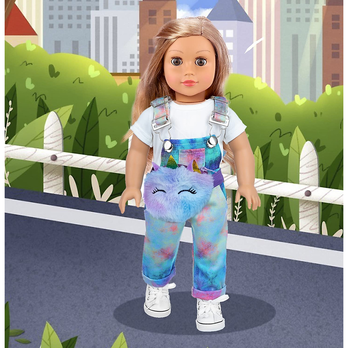 ZITA ELEMENT 7 Pcs 18 Inch Girl Doll Clothes and Accessories - 18 Inch Doll Clothes with Fanny Pack Toy Tablet Phone Camera and Kids Unicorn Backpack - Best Gift for Girls (No Doll)