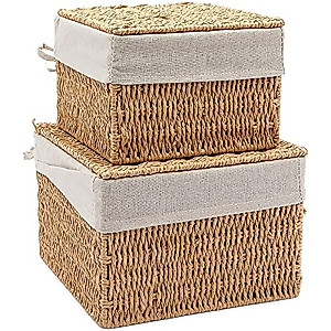 2-Pack Wicker Shelf Baskets with Lids and Removable Cotton Fabric Liners, Rectangular Home Storage Bins for Hand Towels, Toiletries, and Kitchen Counter (2 Sizes)