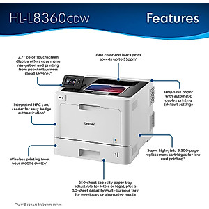 Brother HL-L8360CDW Wireless Single-Function Color Laser Printer - Print Only - USB, Ethernet, WiFi, NFC Connectivity, 2.7" Touchscreen LCD, 31 ppm, 600 x 2400 dpi, 1GB Memory, Auto Duplex Printing