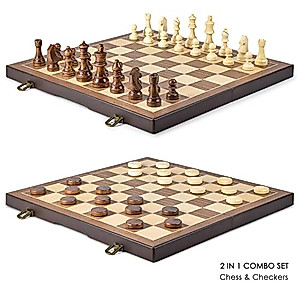 AMEROUS Magnetic Wooden Chess and Checkers Game Set, 15 Inches (2 in 1) Chess Board Games, 2 Extra Queens - Gift Package - Game Pieces Storage Slots, Beginner Chess Set for Kids, Adults