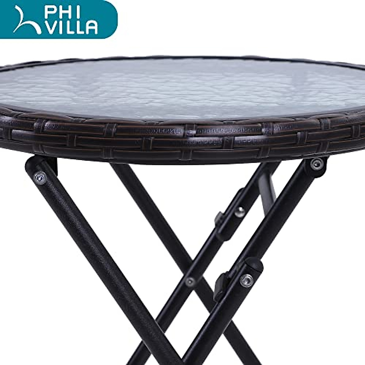 PHI VILLA Outdoor Patio Folding Small Side Table Round with Tempered Glass Top, Rattan Edge and Metal Frame