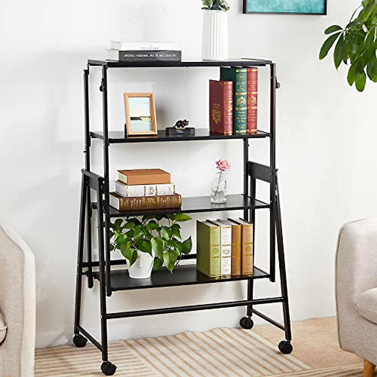 2-in-1 Convertible Shelf to Table with Wheels, Space Saving Storage Shelf or Dining Table, 4 Tier Shelving Unit Industrial Bookcase for Small Spaces, Kitchen, Dining Room and Living Room, Black