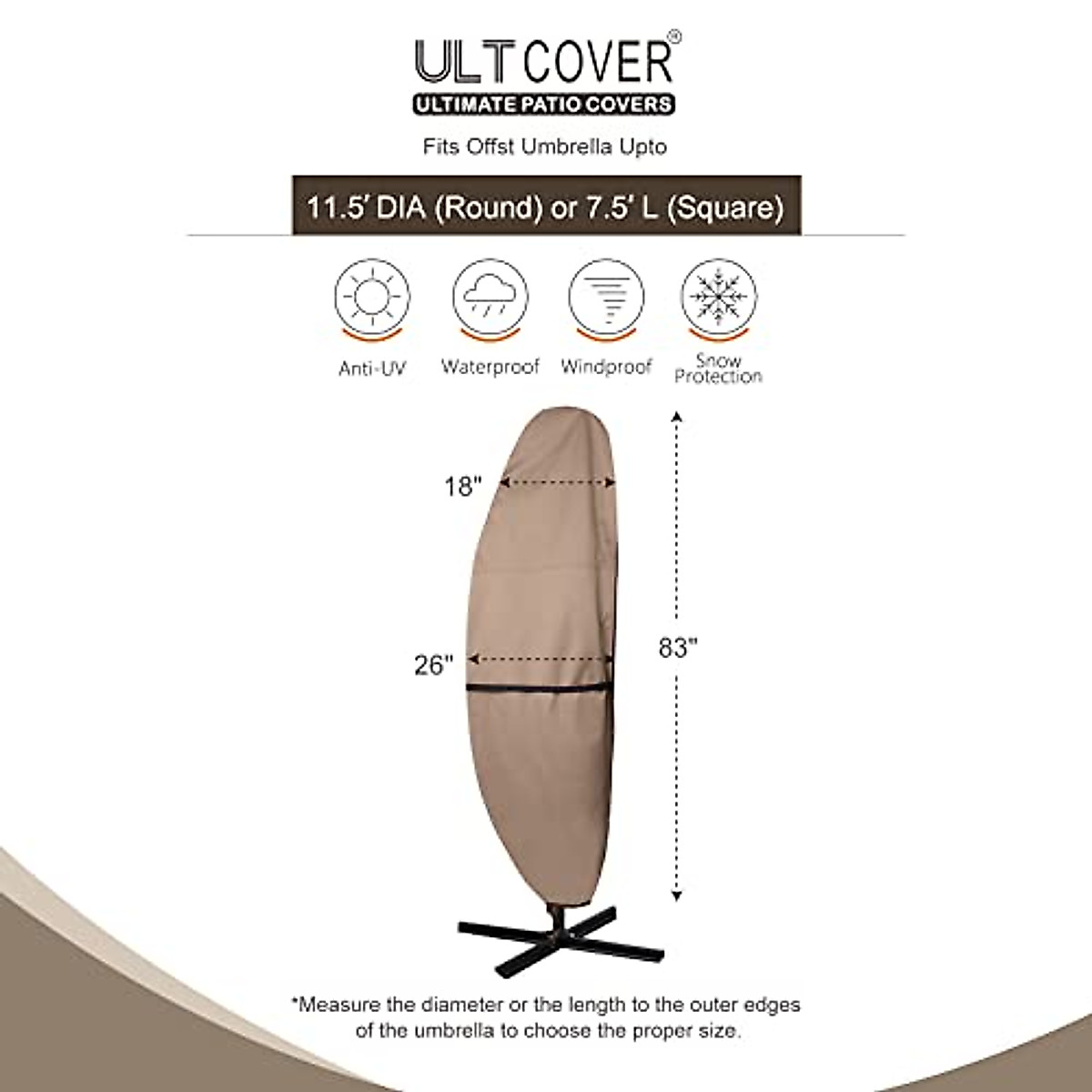 ULTCOVER Patio Umbrella Parasol Cover - 600D Waterproof Outdoor Offset Banana Style Umbrella Cover - Fits Cantilever Offset Umbrella 7.5-11.5 Feet