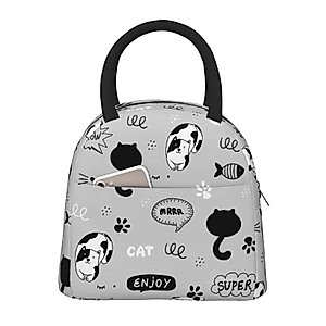 Oplp Cute Cats Fish Cat Paws Lunch Bag Box Meal Prep Insulated Handbag Reusable Lunch Container