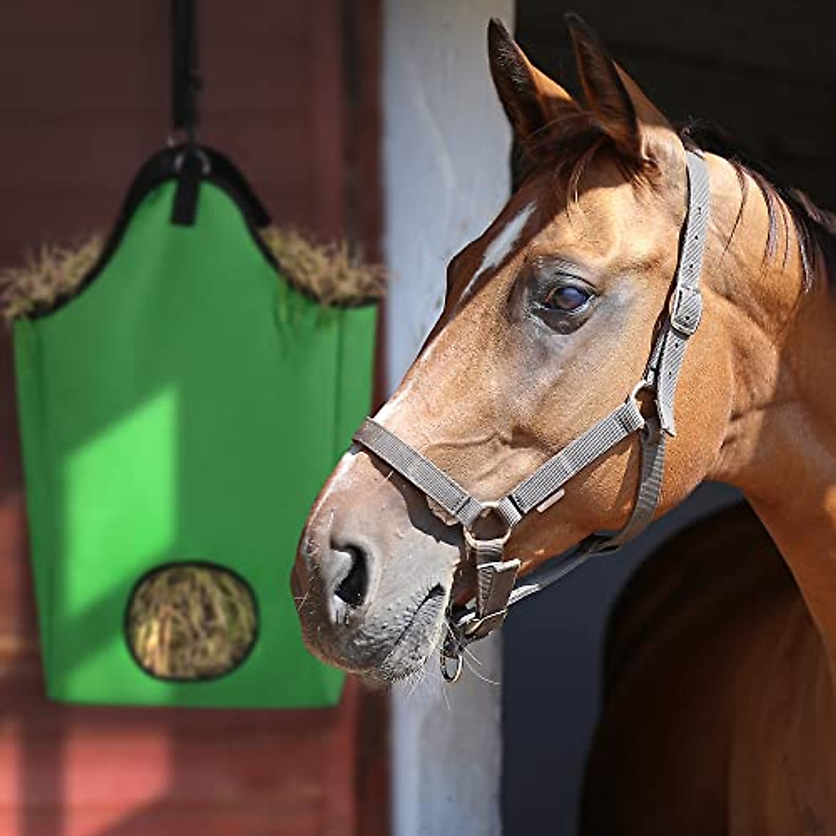 Premium Horse Slow Feed Hay Bag with Metal Snap Fastener and Heavy Adjustable Strap –