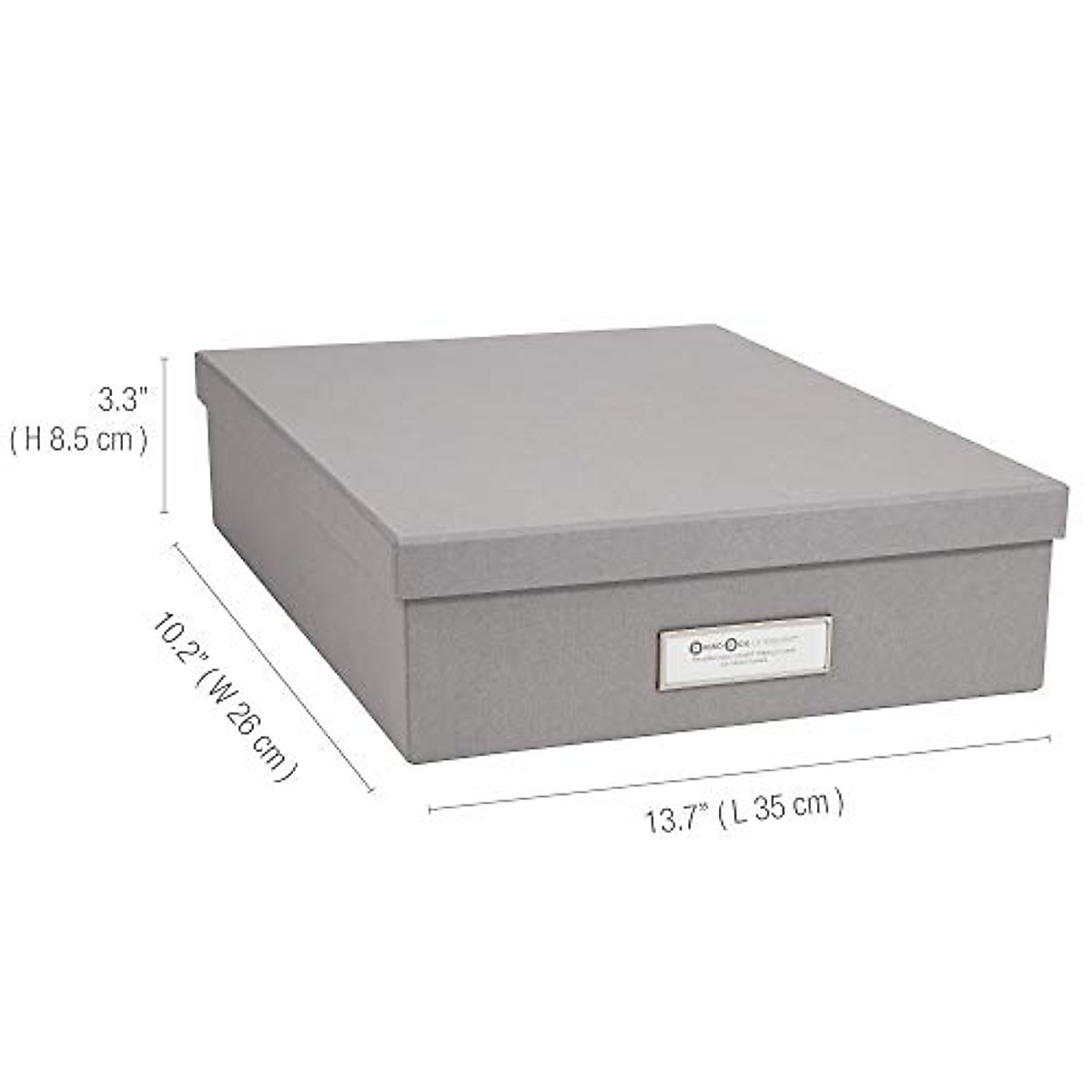 Bigso Oskar Fiberboard Label Frame Document Letter Box | File Organizer Document Box for Important Paperwork | Document Storage Box with a Lid & Metal Label Window | 3.3″x10.2″x13.8″ | Grey