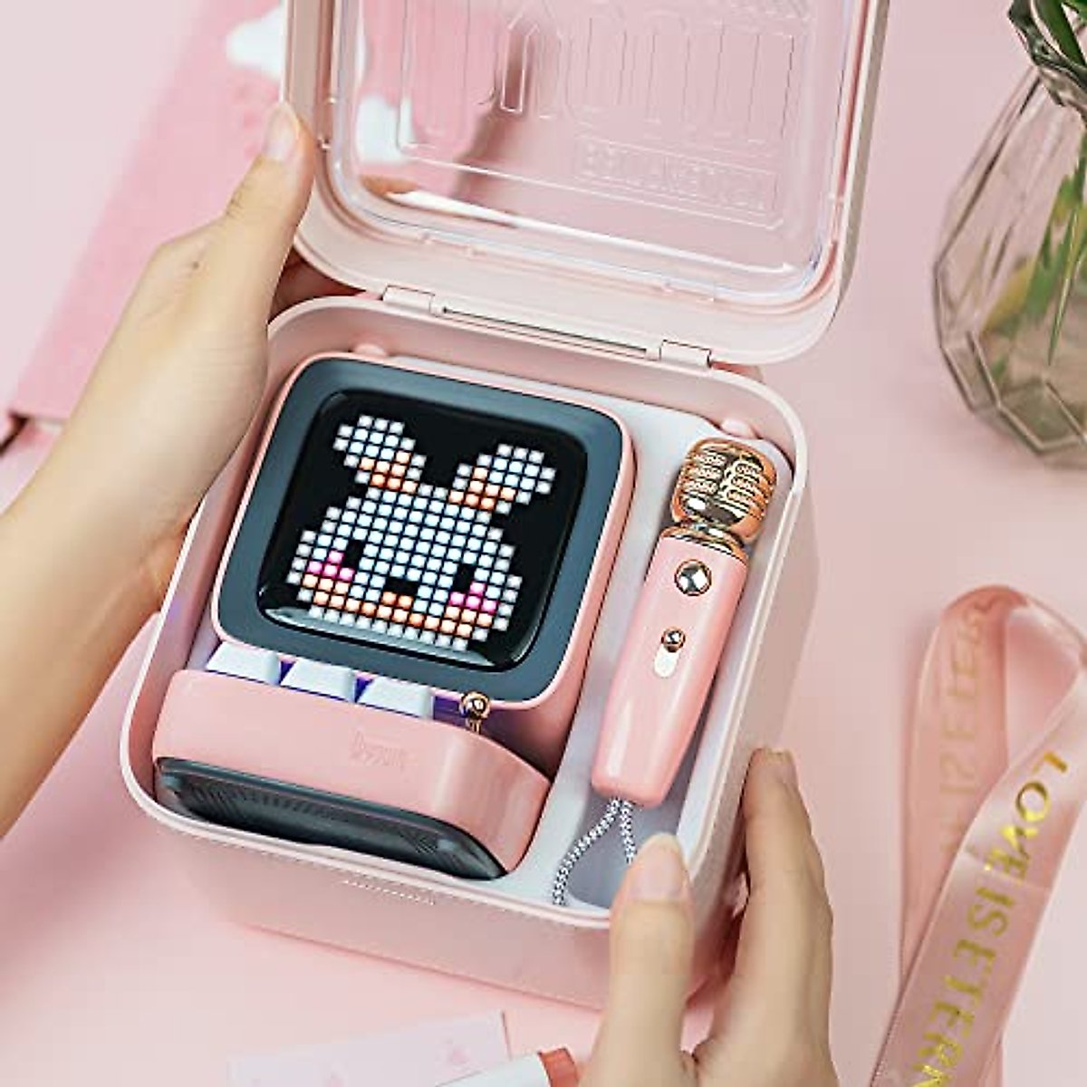 Divoom Ditoo-Mic Bluetooth Speaker with Karaoke Microphone - RGB Keyboard and Pixel Display Desktop Decor, Different Sound Modes, Ideal Gifts for Home Party, Mobile KTV (Pink)